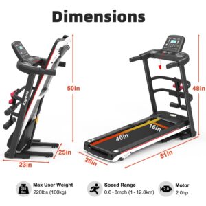 Ksports Treadmill Bundle Electric Folding Incline Treadmill with Auto and Manual Incline, Sit Ups Rack or Strap and Ab Mat, Dumb Bells, Black Medium