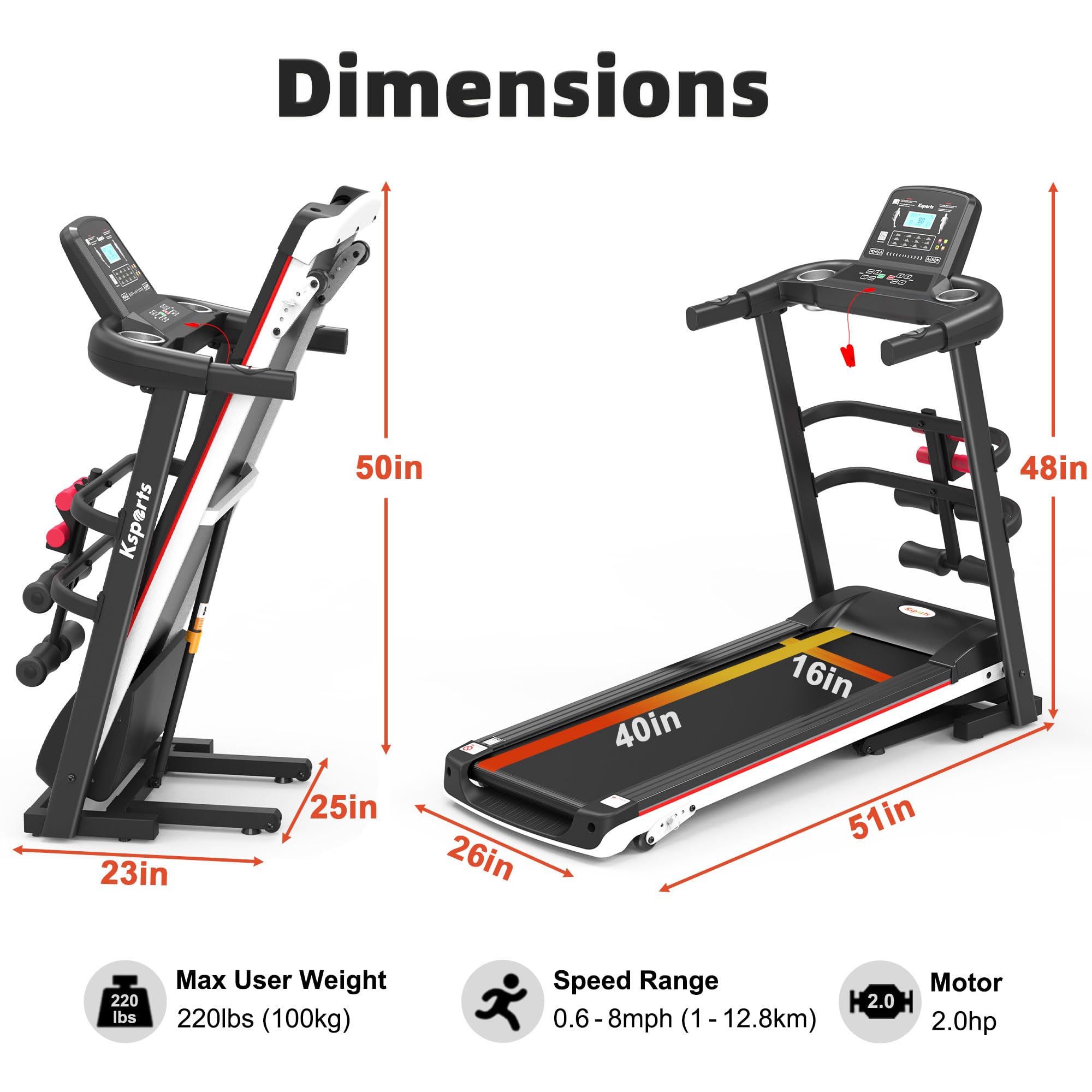 Ksports Treadmill Bundle Electric Folding Incline Treadmill with Auto and Manual Incline, Sit Ups Rack or Strap and Ab Mat, Dumb Bells, Black Medium