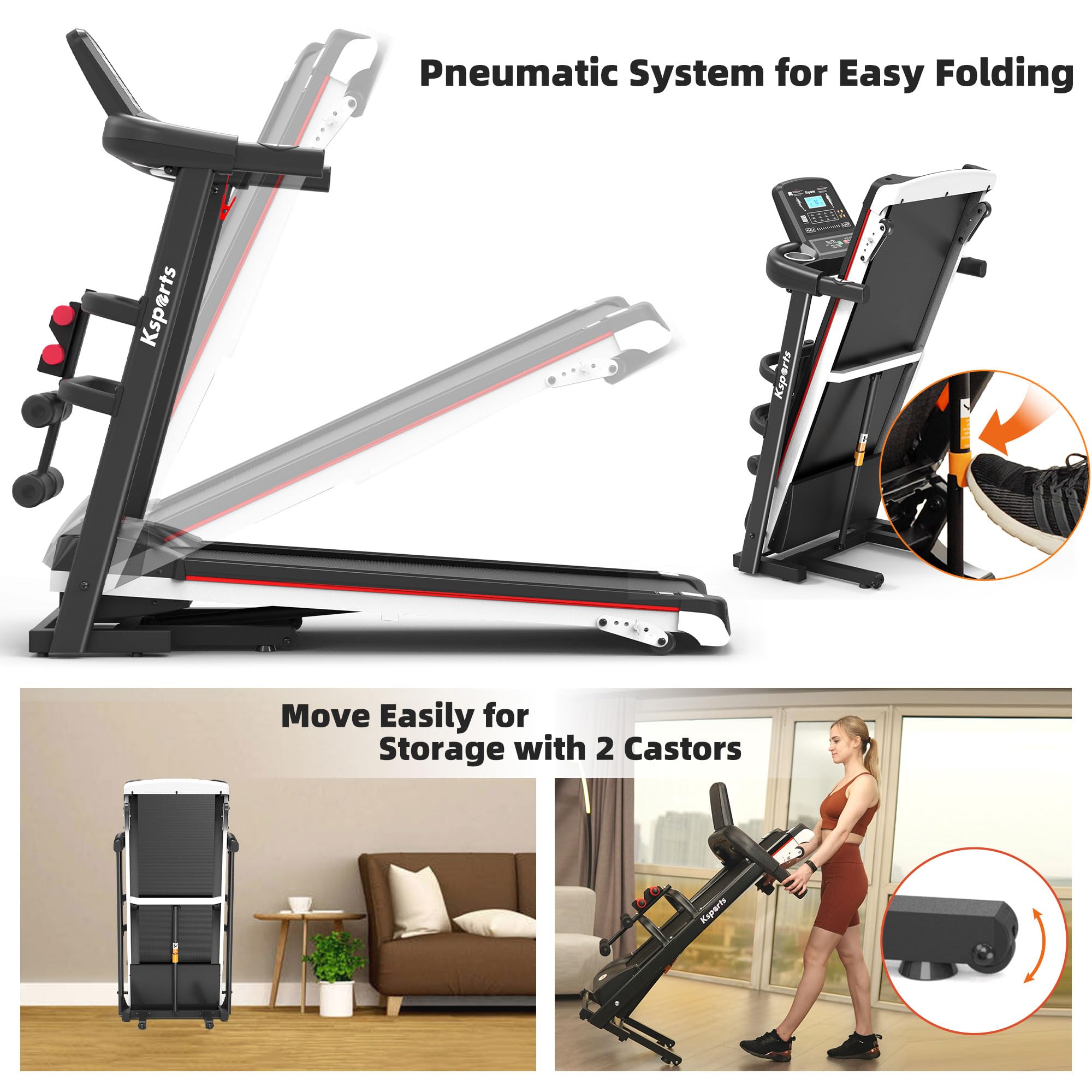 Ksports Treadmill Bundle Electric Folding Incline Treadmill with Auto and Manual Incline, Sit Ups Rack or Strap and Ab Mat, Dumb Bells, Black Medium