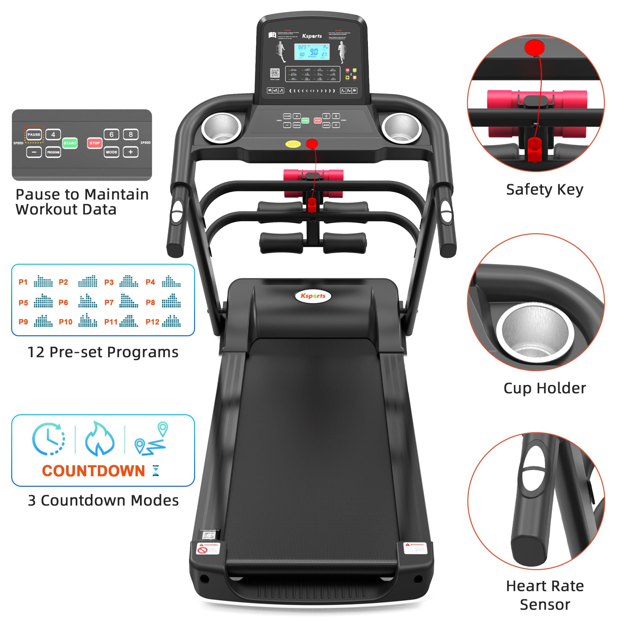 Ksports Treadmill Bundle Electric Folding Incline Treadmill with Auto and Manual Incline, Sit Ups Rack or Strap and Ab Mat, Dumb Bells, Black Medium