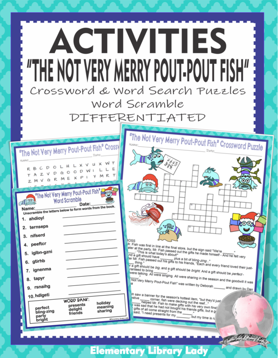 Activities: Not Very Merry Pout-Pout Fish by Deborah Diesen - Includes Crossword Puzzle, Word Searches, and Word Scramble