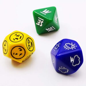 bescon's emotion, weather and direction dice set, 3 piece proprietary polyhedral rpg dice set in blue, green, yellow