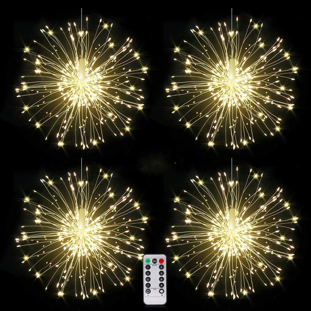 4 Pack Firework Lights 120 LED Copper Wire Starburst Lights, 8 Modes Dimmable String LED Lights with Remote Control,Waterproof Hanging Fairy Lights for Party,Home,Christmas,Garden Outdoor Decoration