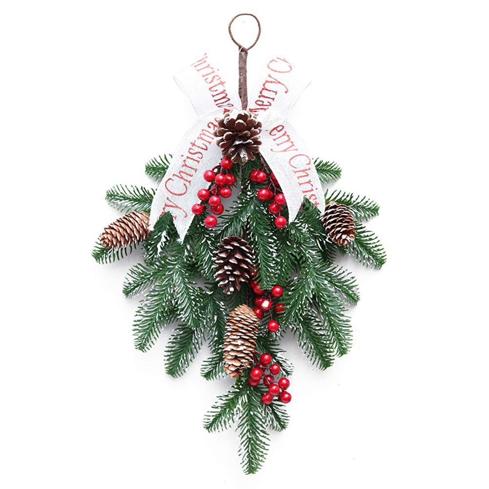 NMFIN Christmas Teardrop Wreath, Artificial Front Door Swags w/ Berries & Pine Cones & Ribbon Bow for Holiday Home Wall Decor