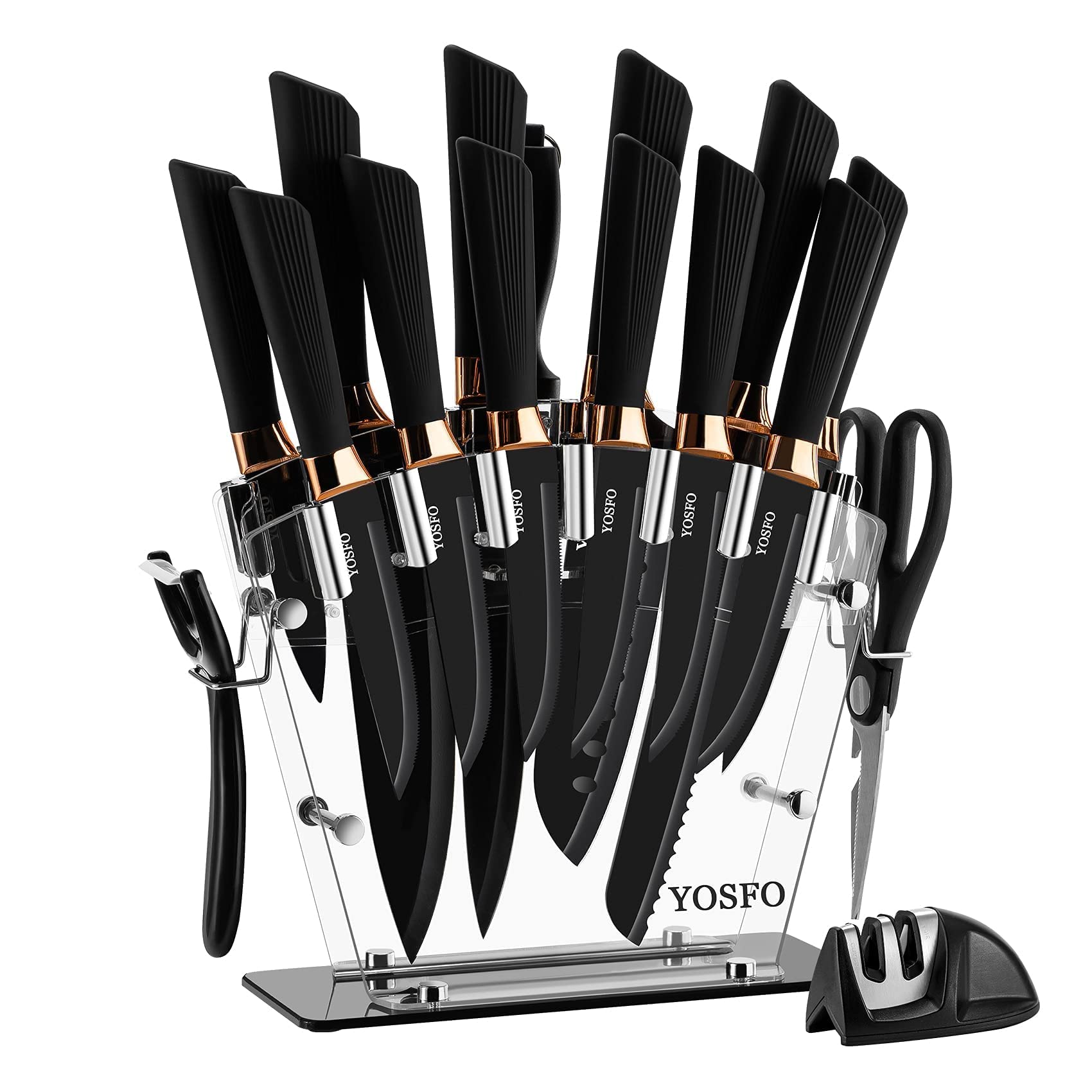 Kitchen Knife Set with Sheath, 6 Piece Stainless Steel Chef Knives Set, Includes 8'' Chef Knife, 8'' Bread Knife, 7'' Santoku Knife, 5''Utility Knife, 8” Carving Knife, and 3.5'' Paring Knife (Black)