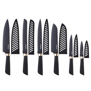 Kitchen Knife Set with Sheath, 6 Piece Stainless Steel Chef Knives Set, Includes 8'' Chef Knife, 8'' Bread Knife, 7'' Santoku Knife, 5''Utility Knife, 8” Carving Knife, and 3.5'' Paring Knife (Black)