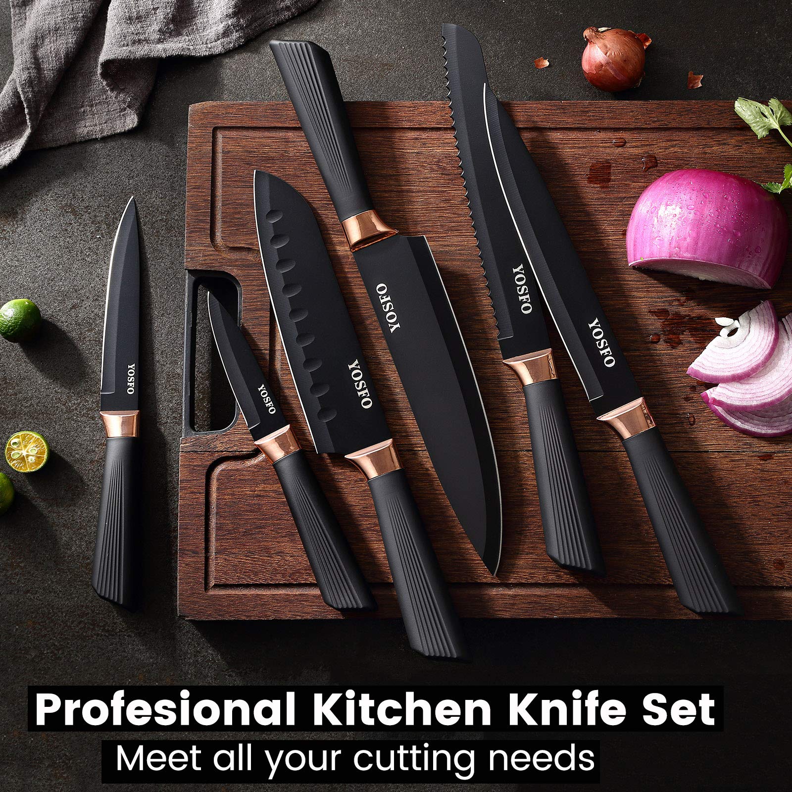 Kitchen Knife Set with Sheath, 6 Piece Stainless Steel Chef Knives Set, Includes 8'' Chef Knife, 8'' Bread Knife, 7'' Santoku Knife, 5''Utility Knife, 8” Carving Knife, and 3.5'' Paring Knife (Black)