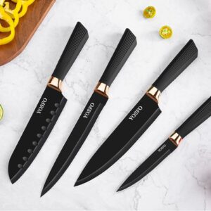 Kitchen Knife Set with Sheath, 6 Piece Stainless Steel Chef Knives Set, Includes 8'' Chef Knife, 8'' Bread Knife, 7'' Santoku Knife, 5''Utility Knife, 8” Carving Knife, and 3.5'' Paring Knife (Black)