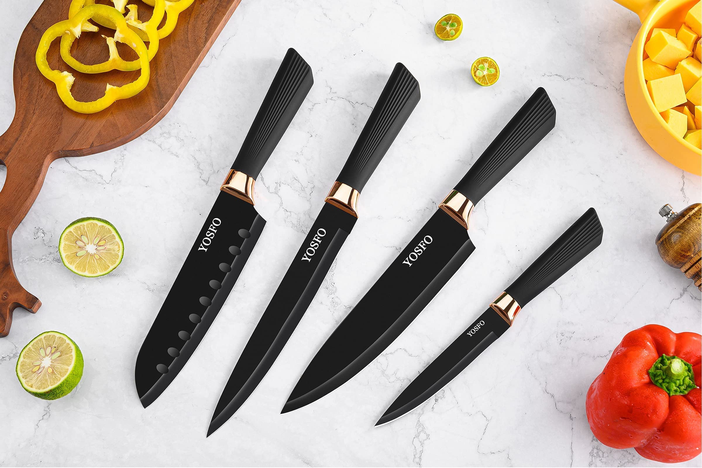 Kitchen Knife Set with Sheath, 6 Piece Stainless Steel Chef Knives Set, Includes 8'' Chef Knife, 8'' Bread Knife, 7'' Santoku Knife, 5''Utility Knife, 8” Carving Knife, and 3.5'' Paring Knife (Black)