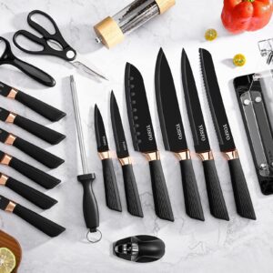 Kitchen Knife Set with Sheath, 6 Piece Stainless Steel Chef Knives Set, Includes 8'' Chef Knife, 8'' Bread Knife, 7'' Santoku Knife, 5''Utility Knife, 8” Carving Knife, and 3.5'' Paring Knife (Black)