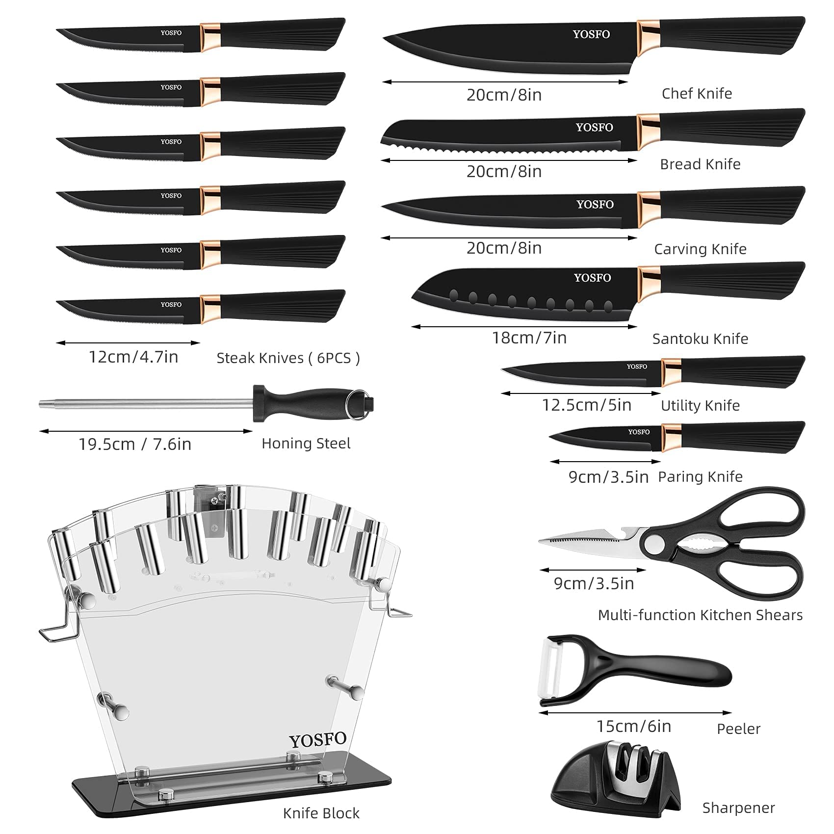 Kitchen Knife Set with Sheath, 6 Piece Stainless Steel Chef Knives Set, Includes 8'' Chef Knife, 8'' Bread Knife, 7'' Santoku Knife, 5''Utility Knife, 8” Carving Knife, and 3.5'' Paring Knife (Black)