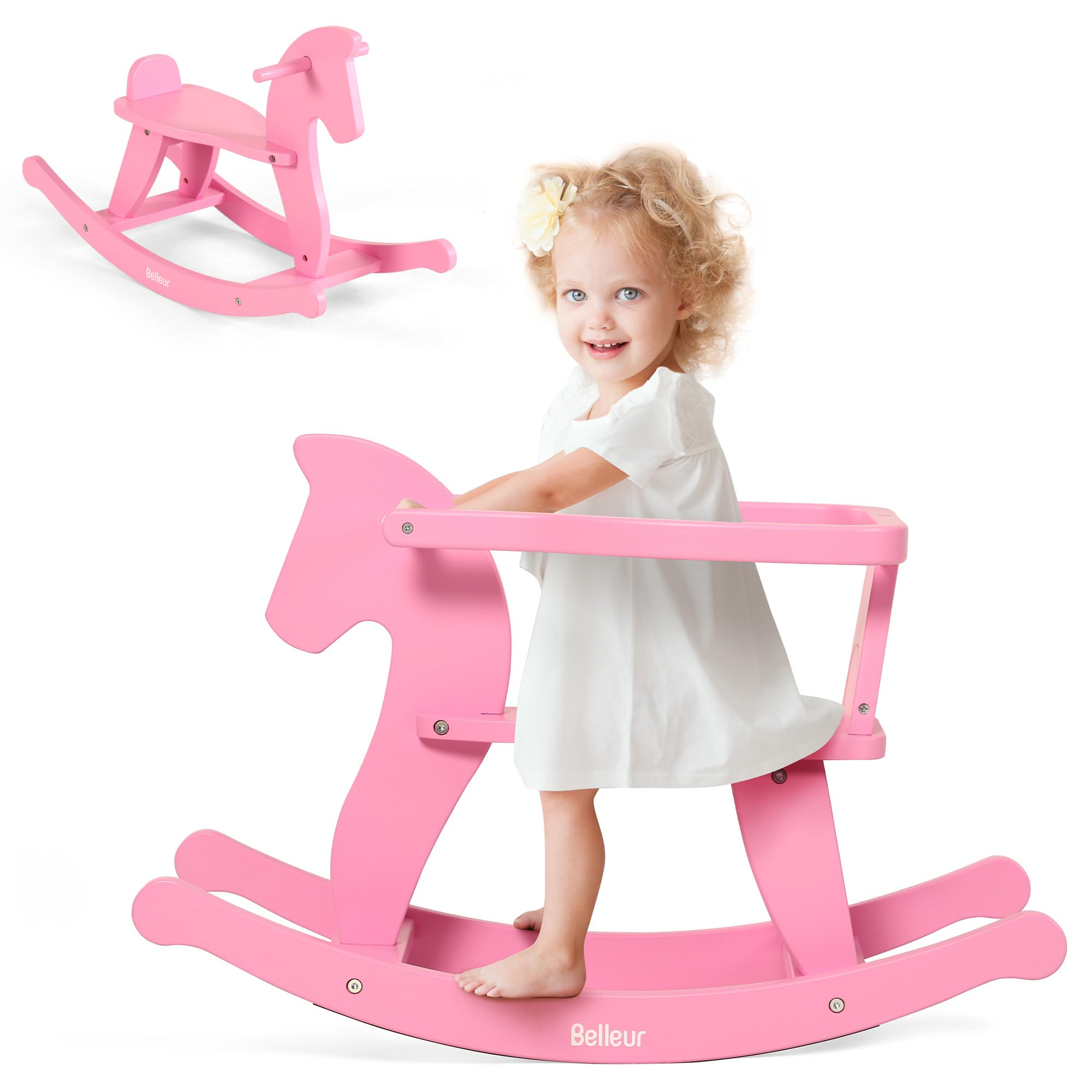 Belleur Wooden Rocking Horse for Toddler 1-3 Year Old, Baby Wood Ride-on Toys with Removable Fence for Indoor & Outdoor Activities, Boys & Girls Rocking Animal for Birthday Pink