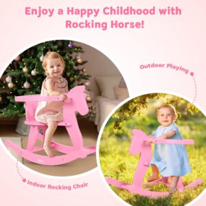 Belleur Wooden Rocking Horse for Toddler 1-3 Year Old, Baby Wood Ride-on Toys with Removable Fence for Indoor & Outdoor Activities, Boys & Girls Rocking Animal for Birthday Pink