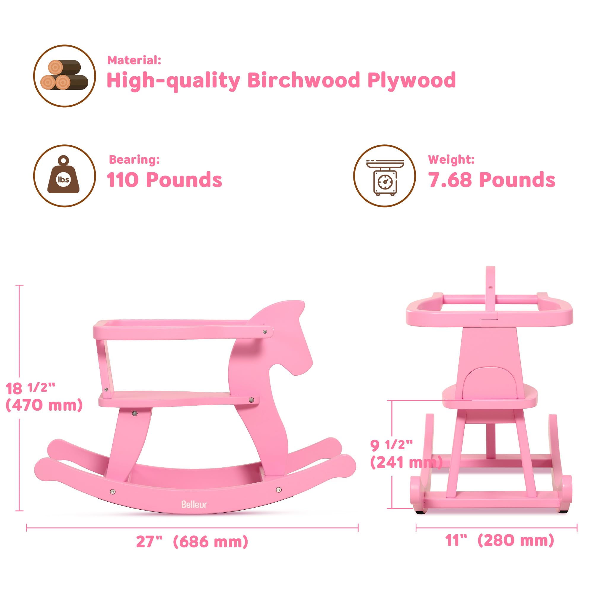 Belleur Wooden Rocking Horse for Toddler 1-3 Year Old, Baby Wood Ride-on Toys with Removable Fence for Indoor & Outdoor Activities, Boys & Girls Rocking Animal for Birthday Pink