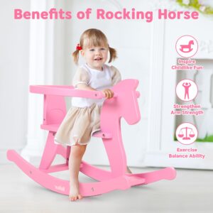 Belleur Wooden Rocking Horse for Toddler 1-3 Year Old, Baby Wood Ride-on Toys with Removable Fence for Indoor & Outdoor Activities, Boys & Girls Rocking Animal for Birthday Pink