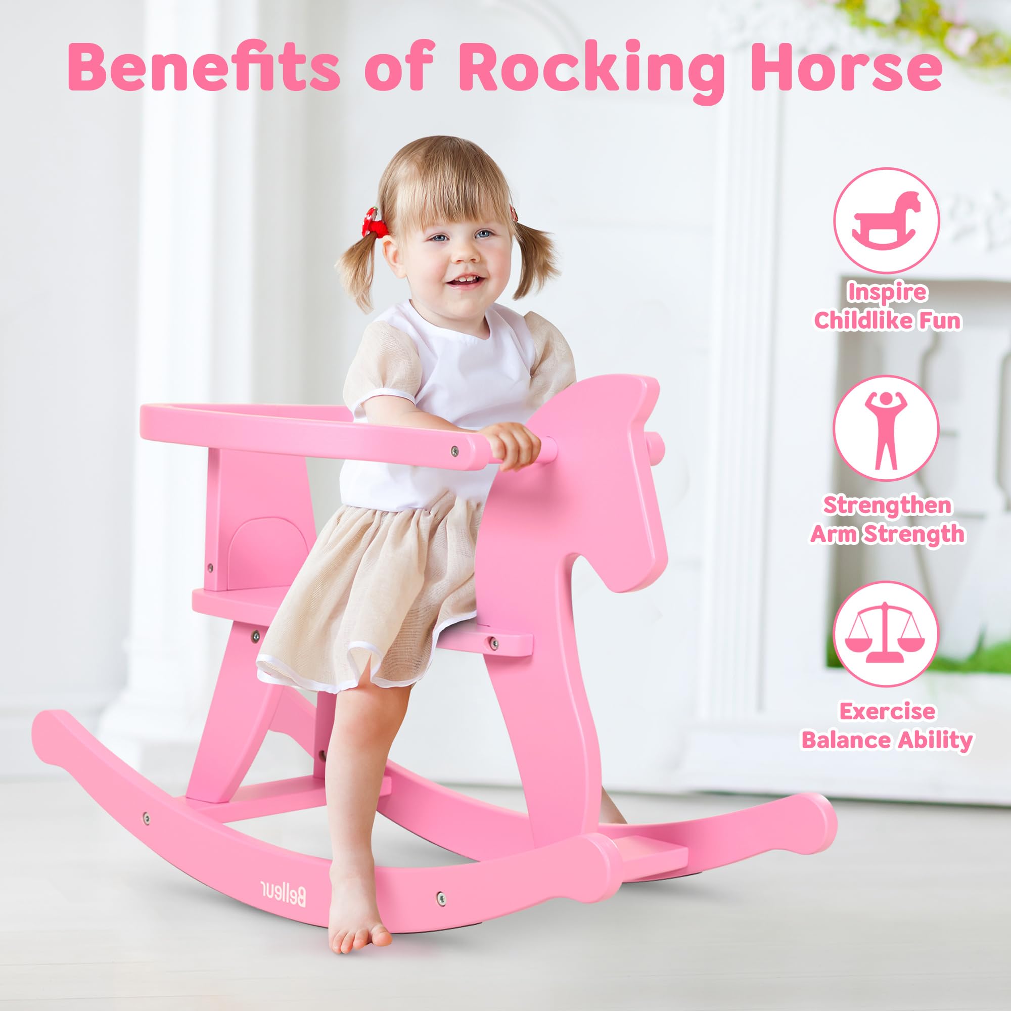 Belleur Wooden Rocking Horse for Toddler 1-3 Year Old, Baby Wood Ride-on Toys with Removable Fence for Indoor & Outdoor Activities, Boys & Girls Rocking Animal for Birthday Pink