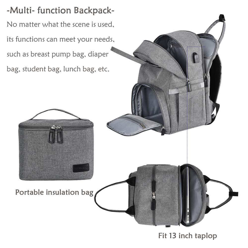 Diaper Bag Breast Pump Backpack - Multi-Function Cooler and Moistureproof Bag Double Layer for Mother Baby Bottle Breast Milk Pump Outdoor Working Backpack with Insulation Bag (Grey) (Medium）