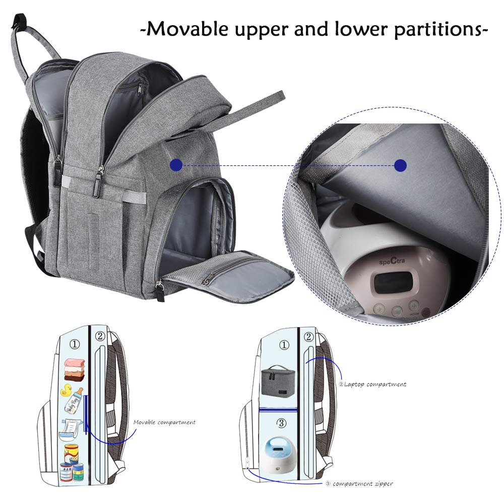 Diaper Bag Breast Pump Backpack - Multi-Function Cooler and Moistureproof Bag Double Layer for Mother Baby Bottle Breast Milk Pump Outdoor Working Backpack with Insulation Bag (Grey) (Medium）