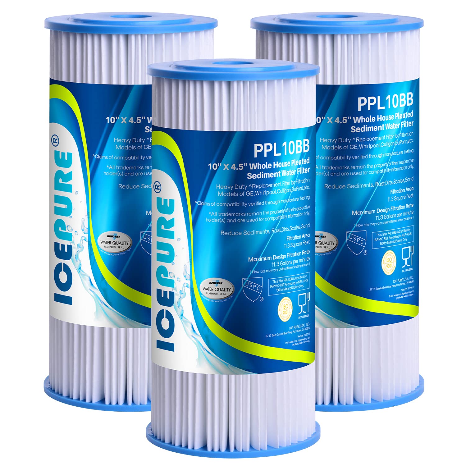 10" x 4.5" Whole House Pleated Sediment Water Filter Replacement for GE FXHSC, Culligan R50-BBSA, Pentek R50-BB, DuPont WFHDC3001, W50PEHD, GXWH40L, GXWH35F, for Well Water, Pack of 3