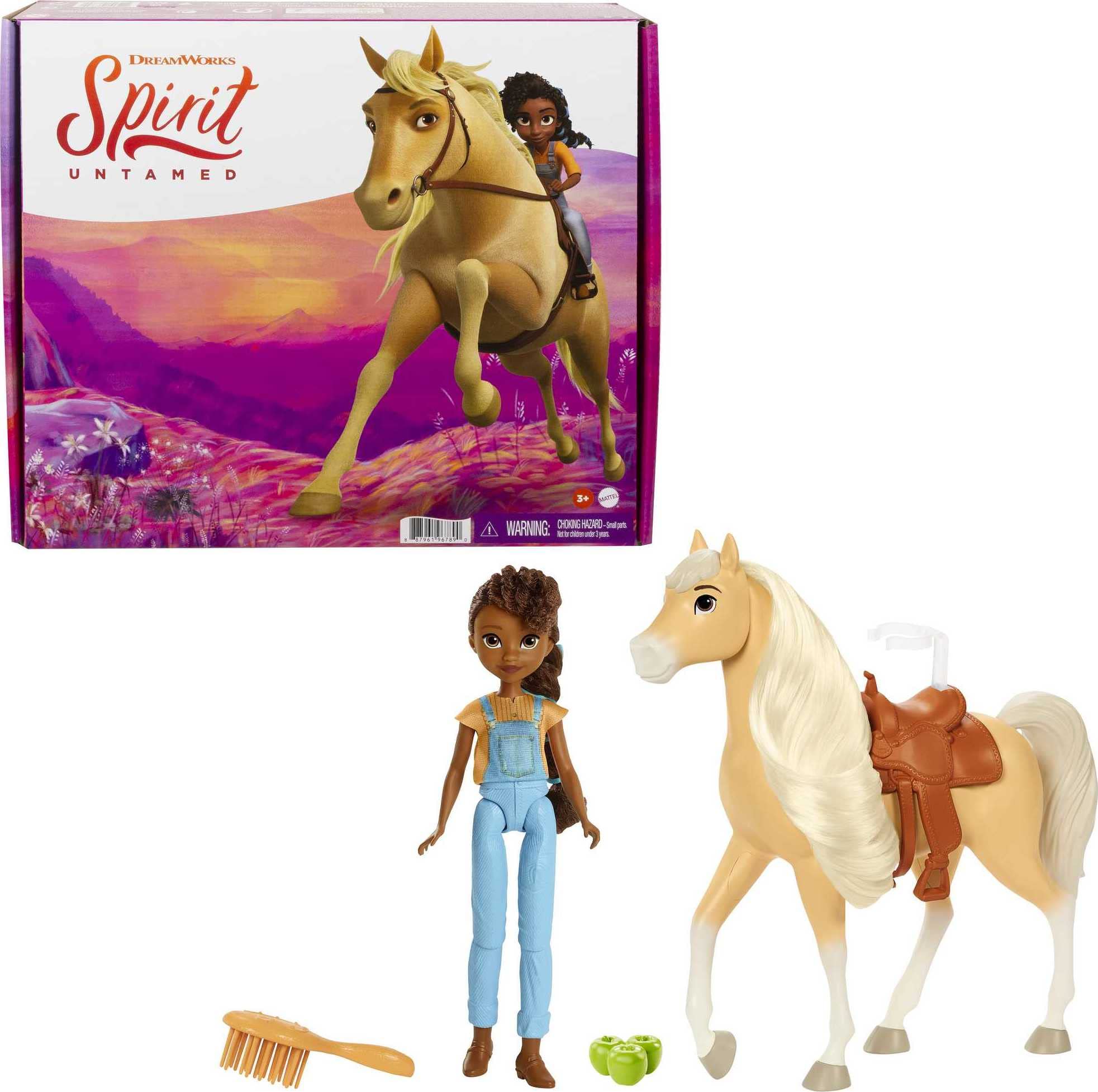 Mattel Spirit Untamed Pru Doll (Approx. 7-in) & Chica Linda Horse (Approx.8-in) with Long Mane, Saddle, Brush, Apple Treat, Great Toy for Ages 3 Years Old & Up