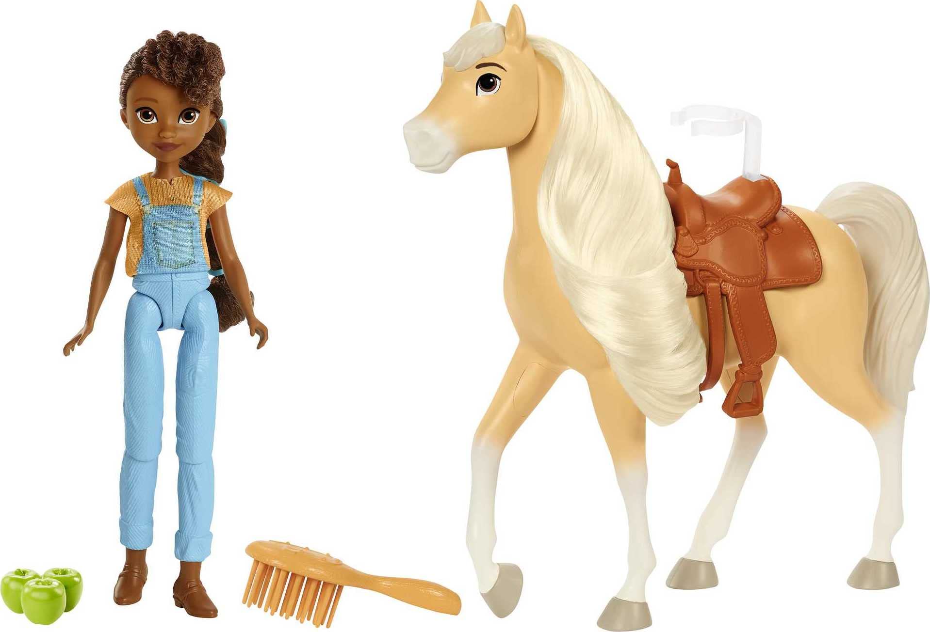 Mattel Spirit Untamed Pru Doll (Approx. 7-in) & Chica Linda Horse (Approx.8-in) with Long Mane, Saddle, Brush, Apple Treat, Great Toy for Ages 3 Years Old & Up