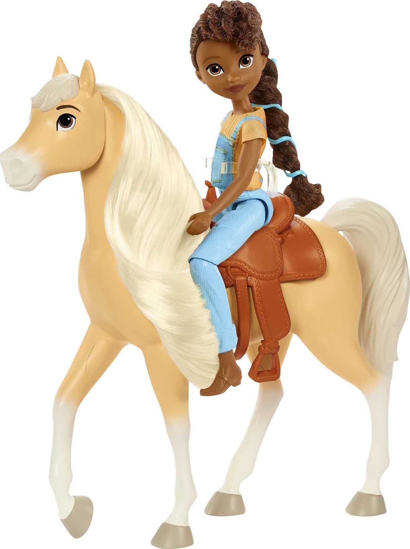 Mattel Spirit Untamed Pru Doll (Approx. 7-in) & Chica Linda Horse (Approx.8-in) with Long Mane, Saddle, Brush, Apple Treat, Great Toy for Ages 3 Years Old & Up