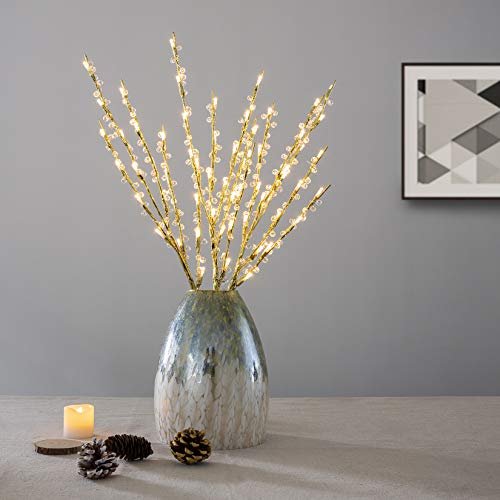 3 Pack Lighted Tree Branches, Crystal Beaded Gold Branch lights with Timer Battery Operated, 30inch Twig Tree with 60 Warm White LED Lights Tall Vase Filler for Home Garden Wedding Holiday Decoration