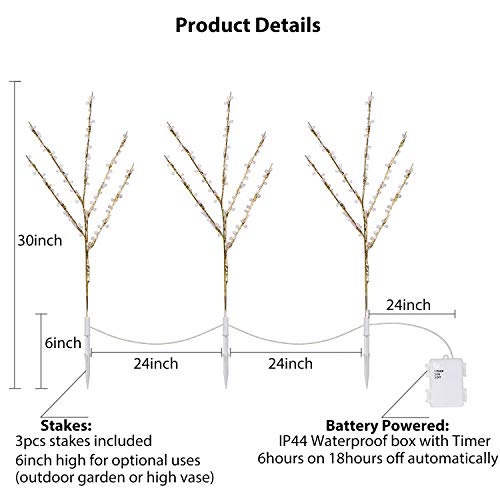 3 Pack Lighted Tree Branches, Crystal Beaded Gold Branch lights with Timer Battery Operated, 30inch Twig Tree with 60 Warm White LED Lights Tall Vase Filler for Home Garden Wedding Holiday Decoration