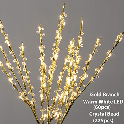 3 Pack Lighted Tree Branches, Crystal Beaded Gold Branch lights with Timer Battery Operated, 30inch Twig Tree with 60 Warm White LED Lights Tall Vase Filler for Home Garden Wedding Holiday Decoration