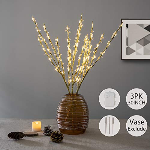 3 Pack Lighted Tree Branches, Crystal Beaded Gold Branch lights with Timer Battery Operated, 30inch Twig Tree with 60 Warm White LED Lights Tall Vase Filler for Home Garden Wedding Holiday Decoration