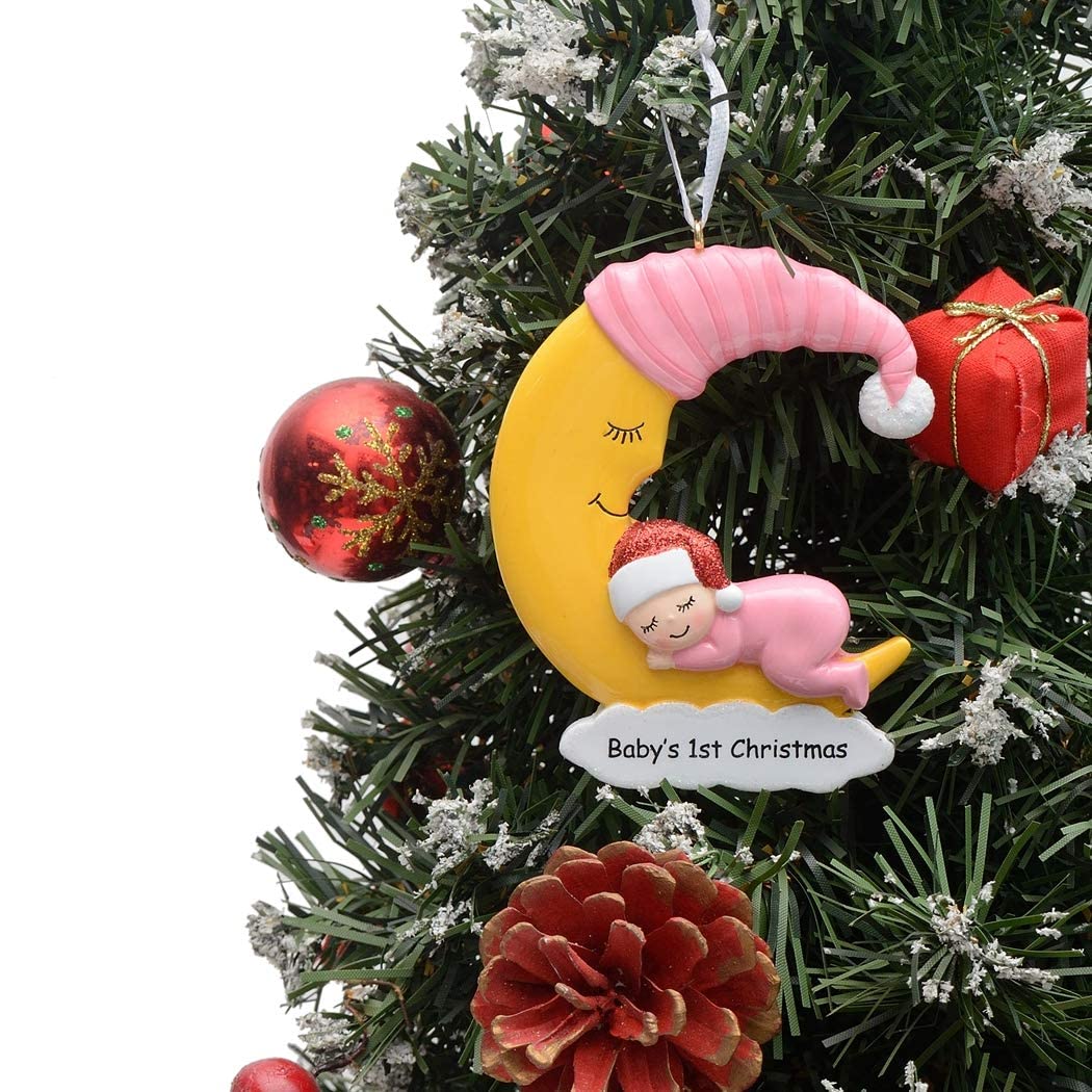 Baby's 1st Christmas Personalized Ornament - Pink Baby Girl Sleeping on Moon - Young Child Christmas Ornament - Keepsake Gifts for Newborn Infant Toddler First Xmas - Free Customization