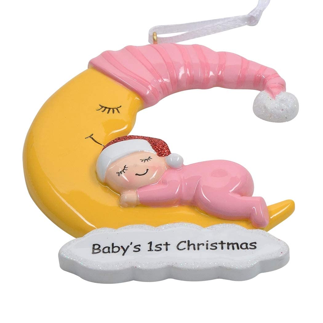 Baby's 1st Christmas Personalized Ornament - Pink Baby Girl Sleeping on Moon - Young Child Christmas Ornament - Keepsake Gifts for Newborn Infant Toddler First Xmas - Free Customization