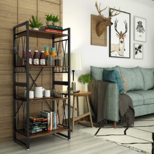 dewel bookshelf 4 tier bookcase shelf storage organizer display rack modern wood and metal shelves open standing furniture for home office study kitchen - elm brown