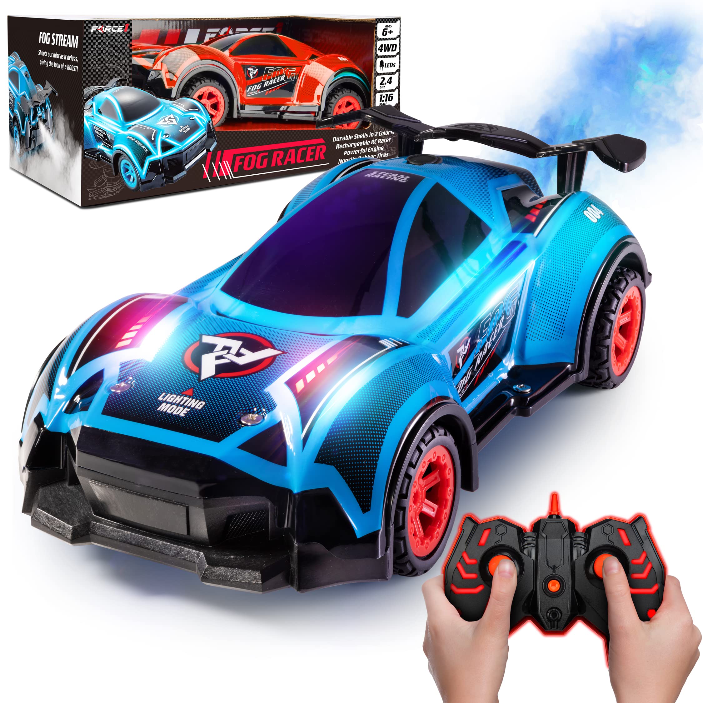 Force1 Fog Racer Remote Control Car for Kids- Fast RC Car High Speed LED Light Race Car Toy with Fog Mist, 2 Car Shells, 5 LED Modes, 2.4 GHZ Remote, Rechargeable Toy Car for Boys and Girls (Red/Blue)