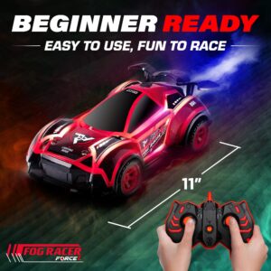 Force1 Fog Racer Remote Control Car for Kids- Fast RC Car High Speed LED Light Race Car Toy with Fog Mist, 2 Car Shells, 5 LED Modes, 2.4 GHZ Remote, Rechargeable Toy Car for Boys and Girls (Red/Blue)