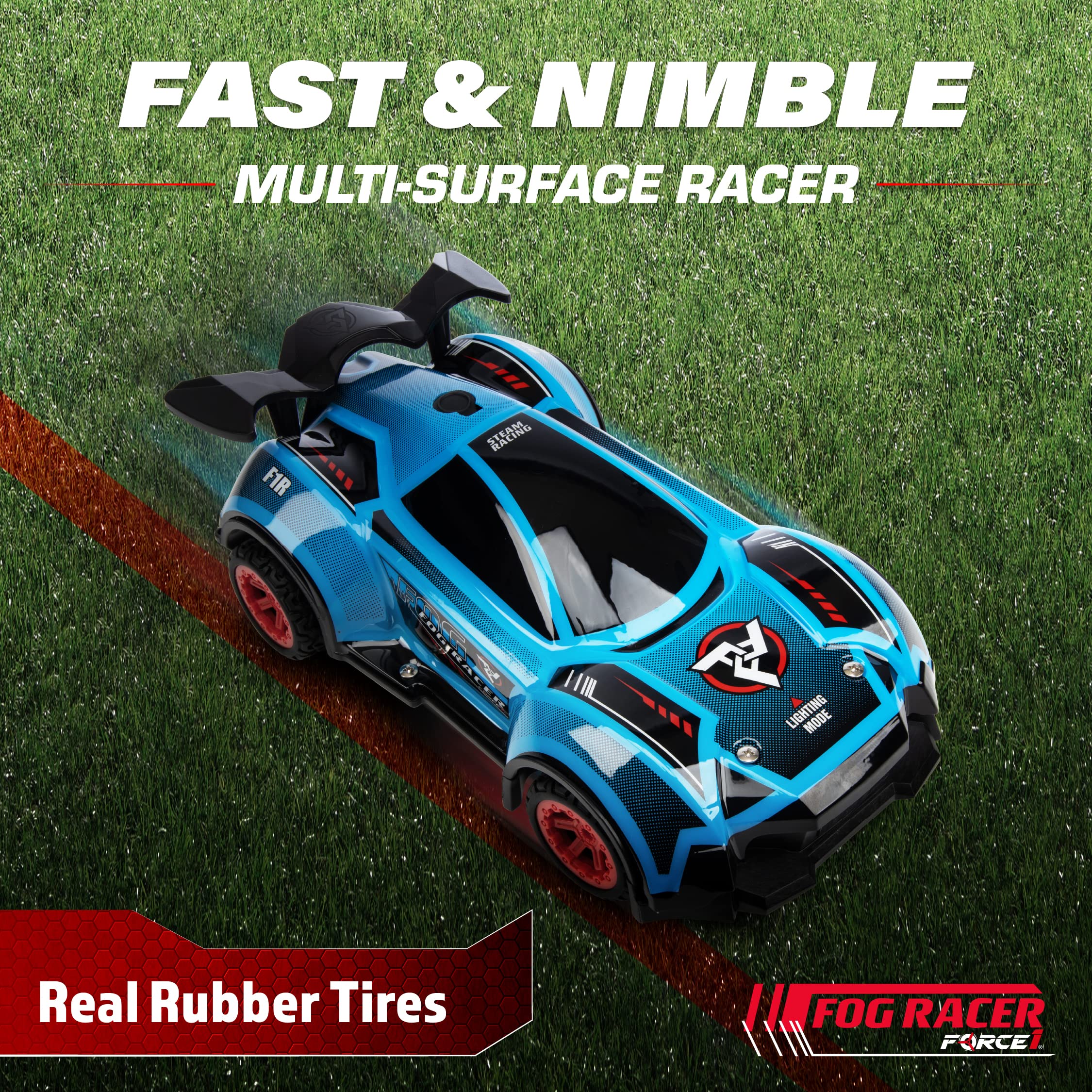 Force1 Fog Racer Remote Control Car for Kids- Fast RC Car High Speed LED Light Race Car Toy with Fog Mist, 2 Car Shells, 5 LED Modes, 2.4 GHZ Remote, Rechargeable Toy Car for Boys and Girls (Red/Blue)