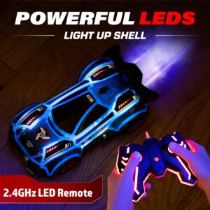 Force1 Fog Racer Remote Control Car for Kids- Fast RC Car High Speed LED Light Race Car Toy with Fog Mist, 2 Car Shells, 5 LED Modes, 2.4 GHZ Remote, Rechargeable Toy Car for Boys and Girls (Red/Blue)