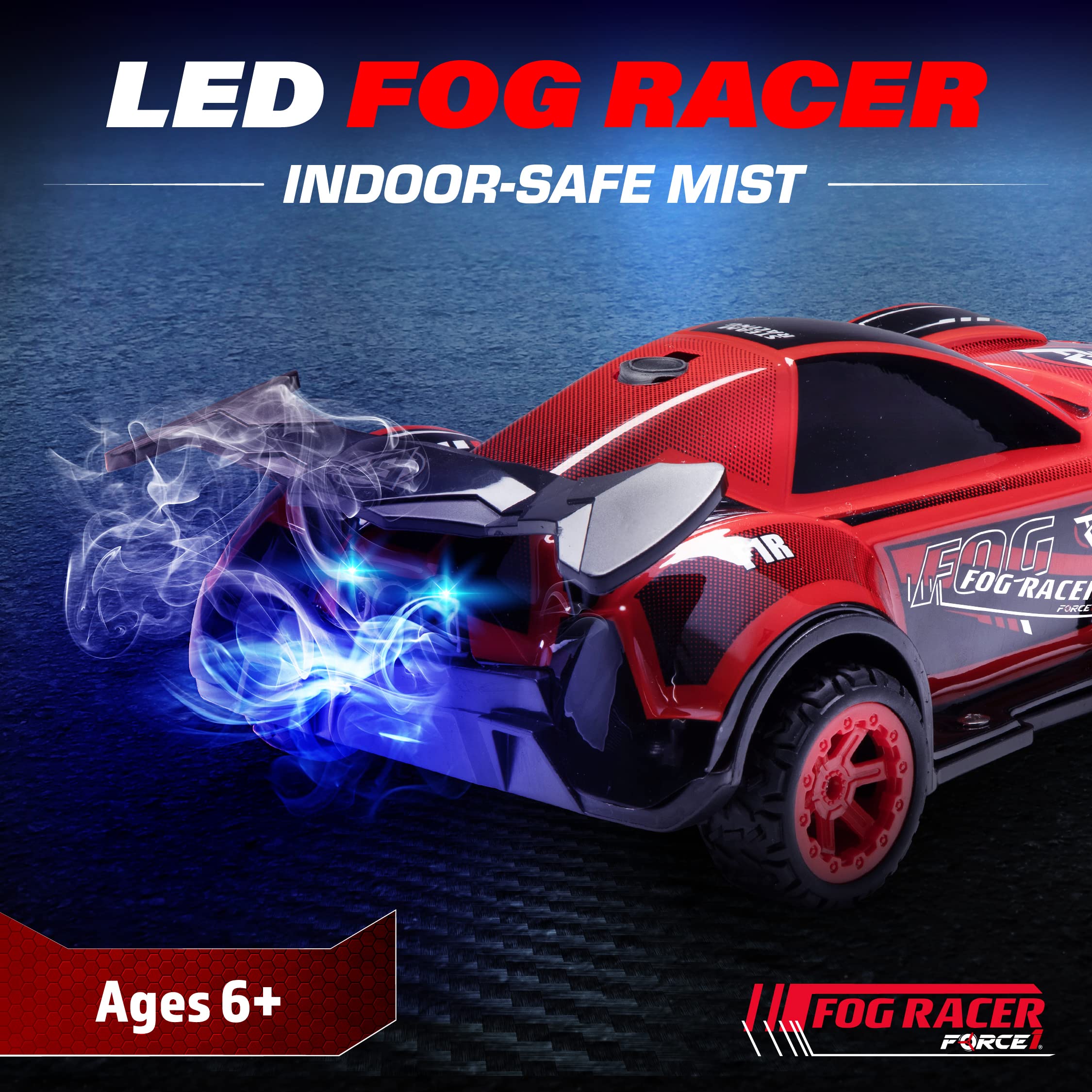 Force1 Fog Racer Remote Control Car for Kids- Fast RC Car High Speed LED Light Race Car Toy with Fog Mist, 2 Car Shells, 5 LED Modes, 2.4 GHZ Remote, Rechargeable Toy Car for Boys and Girls (Red/Blue)