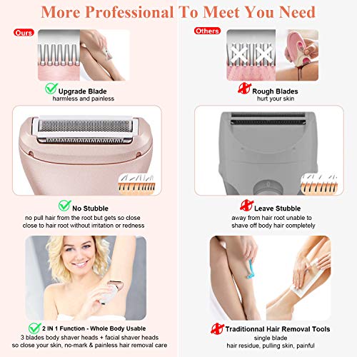 Electric Razor for Women, 2-in-1 Women Shaver Wet & Dry Painless Hair Removal Razor, Waterproof Body Hair Remover for Face Legs Underarms and Bikini Trimmer Rechargeable Cordless with 2 Shaver Head