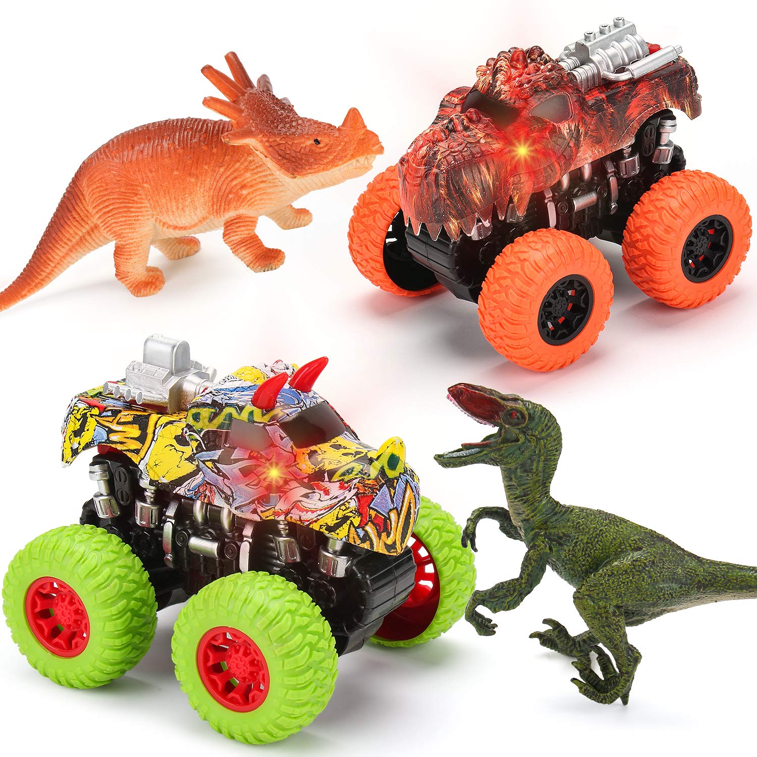 Monster Truck Toy Set - 2 Dinosaur Trucks + 2 Realistic Toy Dinosaurs - Red Lights & Roaring Sounds - Mobius Friction Powered Push & Go Playset Up to 100-Ft for Boys and Girls 3 4 5 6 7 8 Years Old