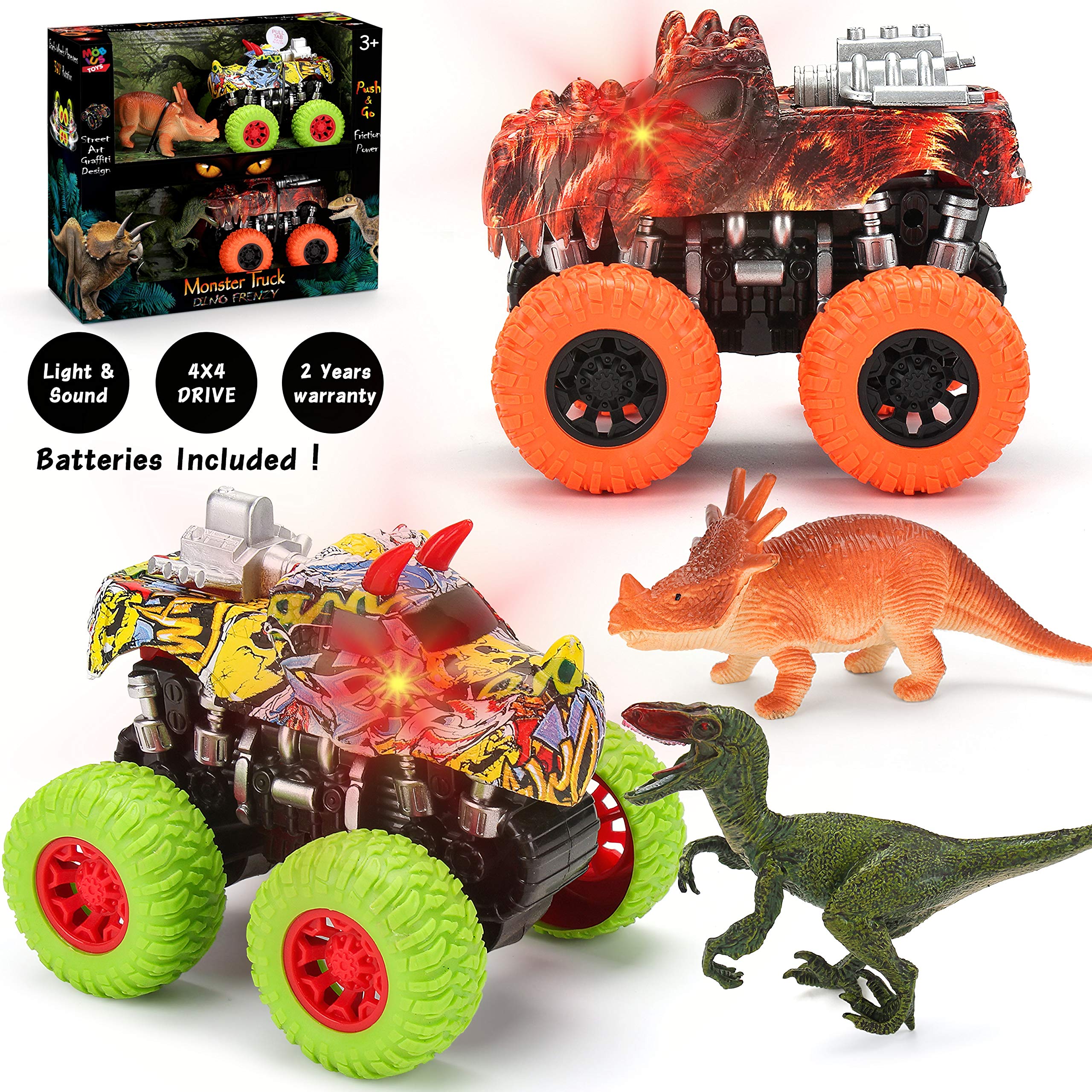 Monster Truck Toy Set - 2 Dinosaur Trucks + 2 Realistic Toy Dinosaurs - Red Lights & Roaring Sounds - Mobius Friction Powered Push & Go Playset Up to 100-Ft for Boys and Girls 3 4 5 6 7 8 Years Old