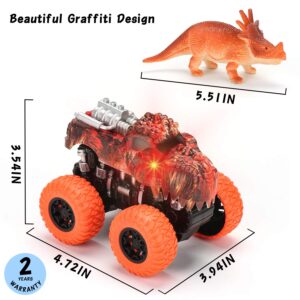 Monster Truck Toy Set - 2 Dinosaur Trucks + 2 Realistic Toy Dinosaurs - Red Lights & Roaring Sounds - Mobius Friction Powered Push & Go Playset Up to 100-Ft for Boys and Girls 3 4 5 6 7 8 Years Old