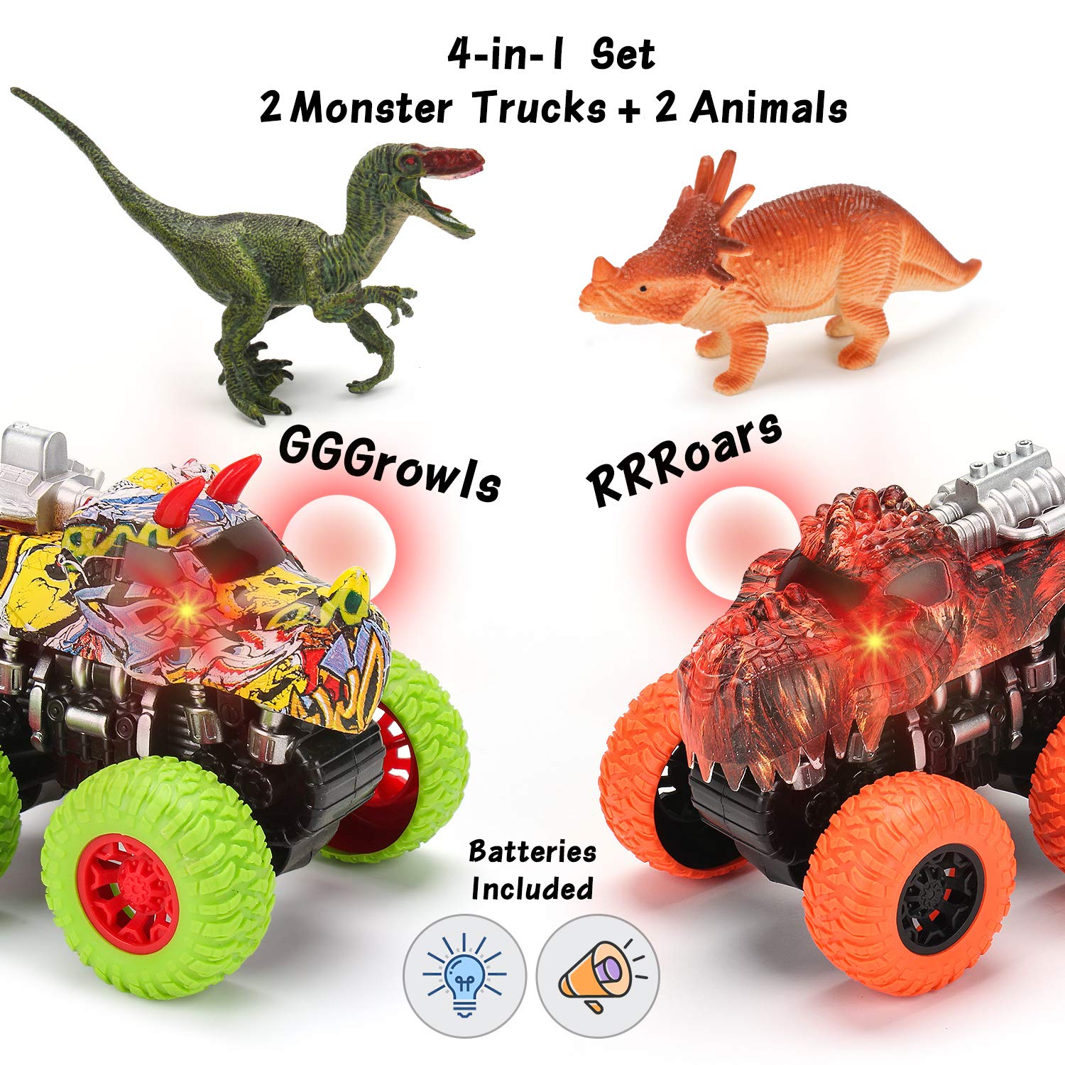 Monster Truck Toy Set - 2 Dinosaur Trucks + 2 Realistic Toy Dinosaurs - Red Lights & Roaring Sounds - Mobius Friction Powered Push & Go Playset Up to 100-Ft for Boys and Girls 3 4 5 6 7 8 Years Old