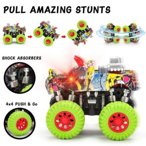 Monster Truck Toy Set - 2 Dinosaur Trucks + 2 Realistic Toy Dinosaurs - Red Lights & Roaring Sounds - Mobius Friction Powered Push & Go Playset Up to 100-Ft for Boys and Girls 3 4 5 6 7 8 Years Old