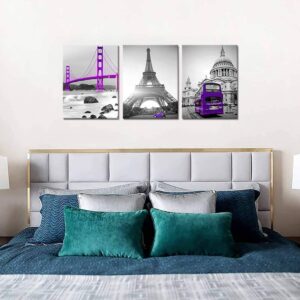 3 Piece Eiffel Tower Painting Canvas Wall Art Golden Gate Bridge Picture St Paul's Cathedral Poster Prints Gray White Purple Artwork for Living Bathroom Bedroom Home Decor Easy to Hang 12"x16"x3PCS