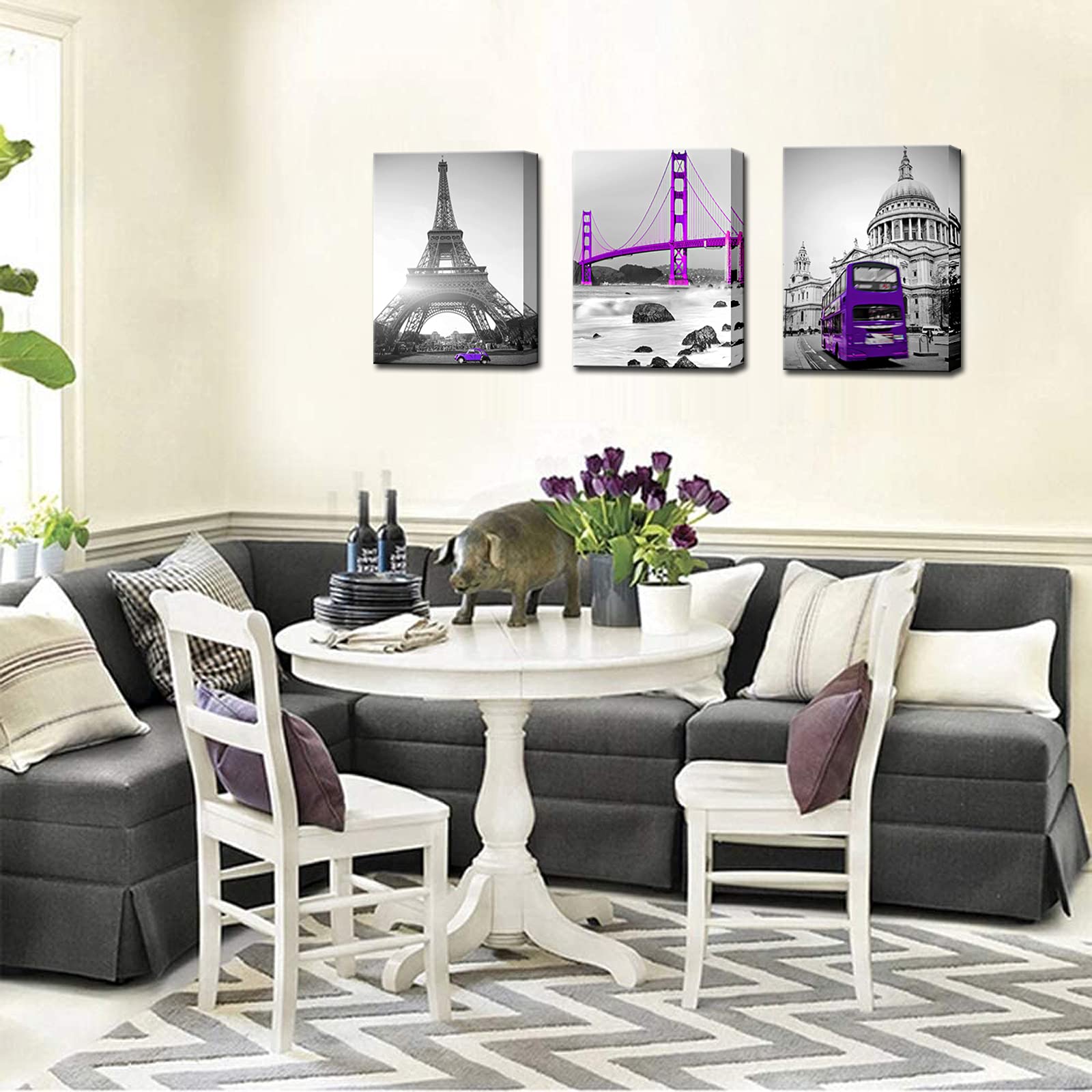 3 Piece Eiffel Tower Painting Canvas Wall Art Golden Gate Bridge Picture St Paul's Cathedral Poster Prints Gray White Purple Artwork for Living Bathroom Bedroom Home Decor Easy to Hang 12"x16"x3PCS