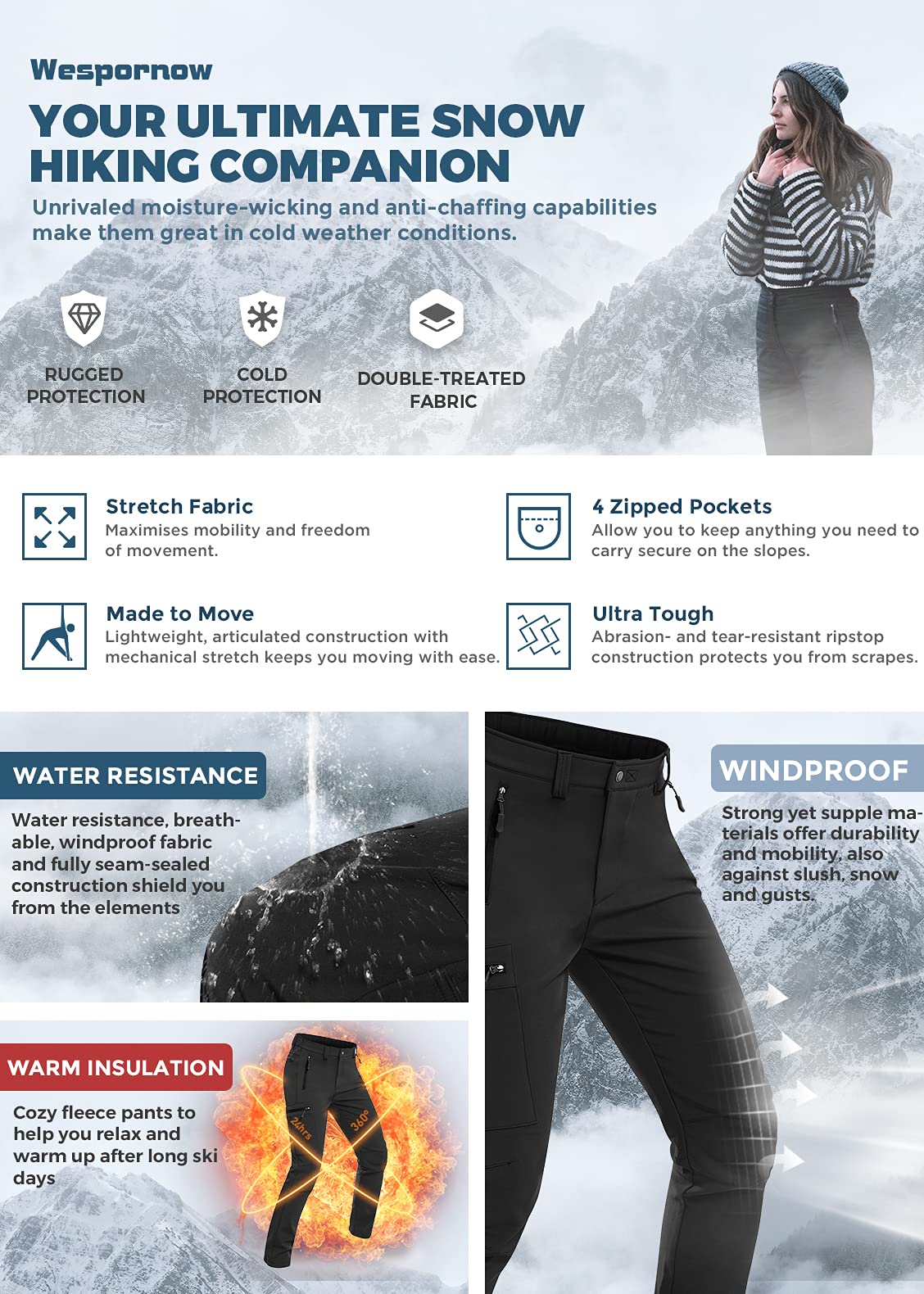 Wespornow Women's-Snow-Ski-Pants Fleece-Lined-Waterproof-Hiking-Pants Softshell Insulated Pants for Winter Outdoor Snowboard (Black, Medium)