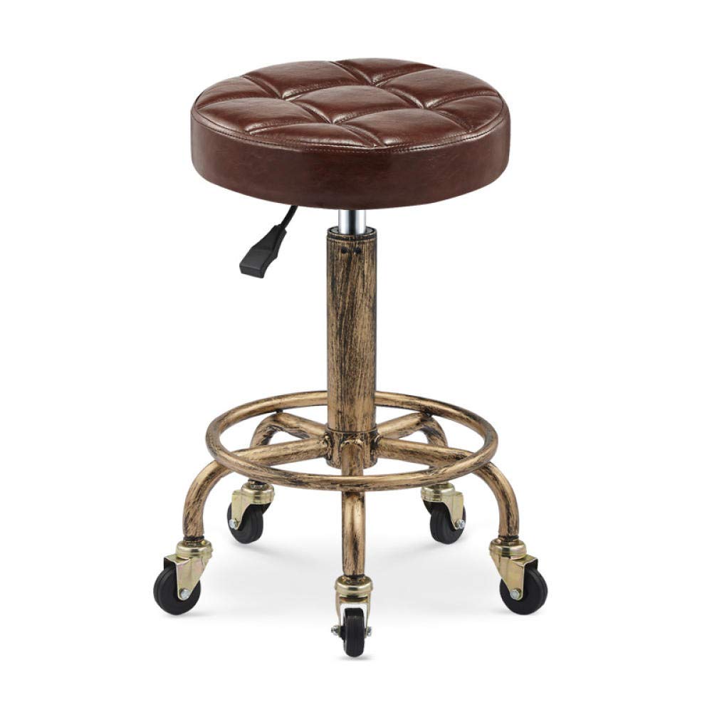 Rugs Portable Beauty Stool with Wheels，Small Adjustable Stool with Brown PU Synthetic Leather Seat，Adjustable Height 50-64 cm，Supported Weight 160 Kg，Drafting Stoolfor Home Office