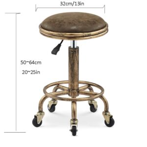 Rugs Portable Beauty Stool with Wheels，Small Adjustable Stool with Brown PU Synthetic Leather Seat，Adjustable Height 50-64 cm，Supported Weight 160 Kg，Drafting Stoolfor Home Office