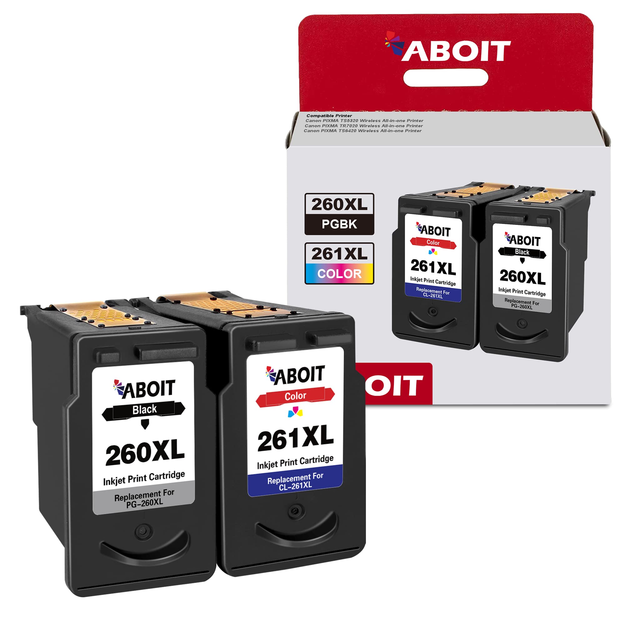 ABOIT Remanufactured Ink Cartridge Replacement for Canon 260XL 261XL 260 XL 261 XL PG-260 XL CL-261 XL ink to use with Canon TS5320 TS6420 TR7020 All In One Wireless Printer (1 Black, 1 Color, 2 Pack)